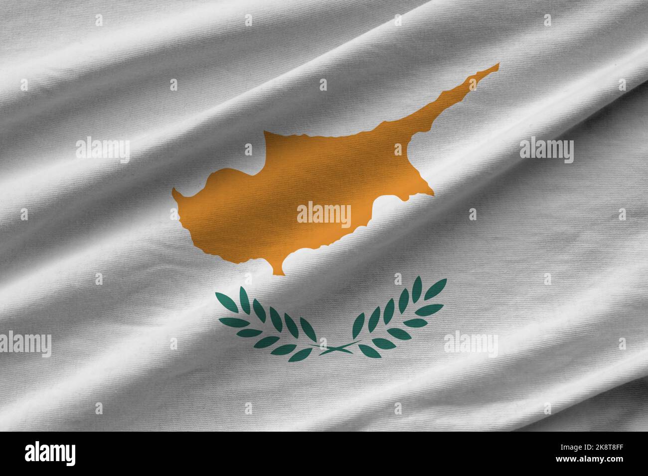Cyprus flag with big folds waving close up under the studio light ...