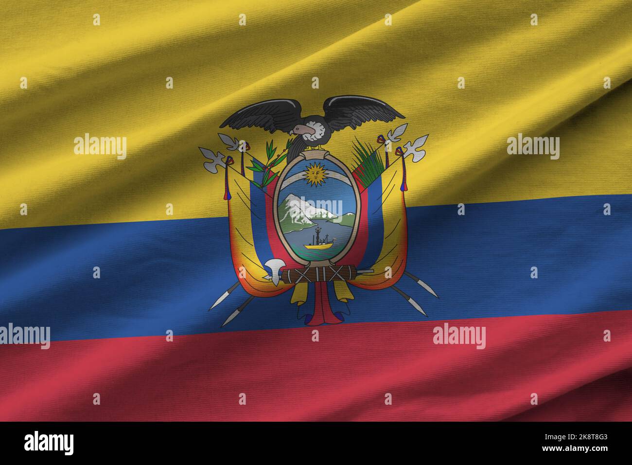 Ecuador flag with big folds waving close up under the studio light ...