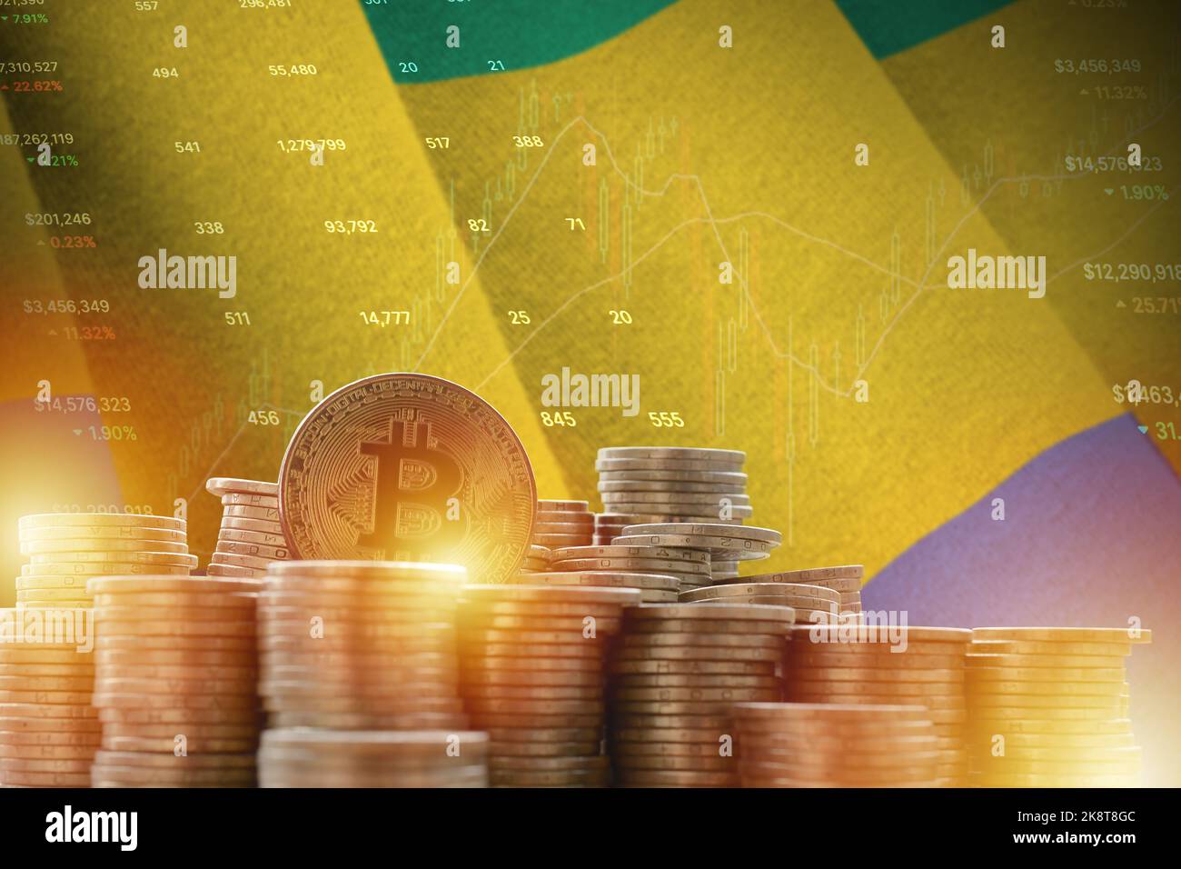 Gabon flag and big amount of golden bitcoin coins and trading platform ...