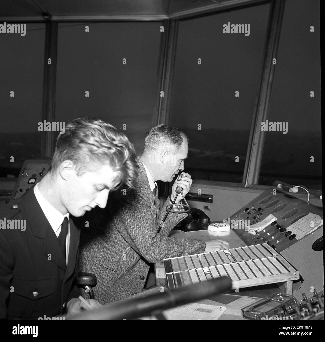 Oslo 19561107 The air traffic controllers at work in the control tower ...