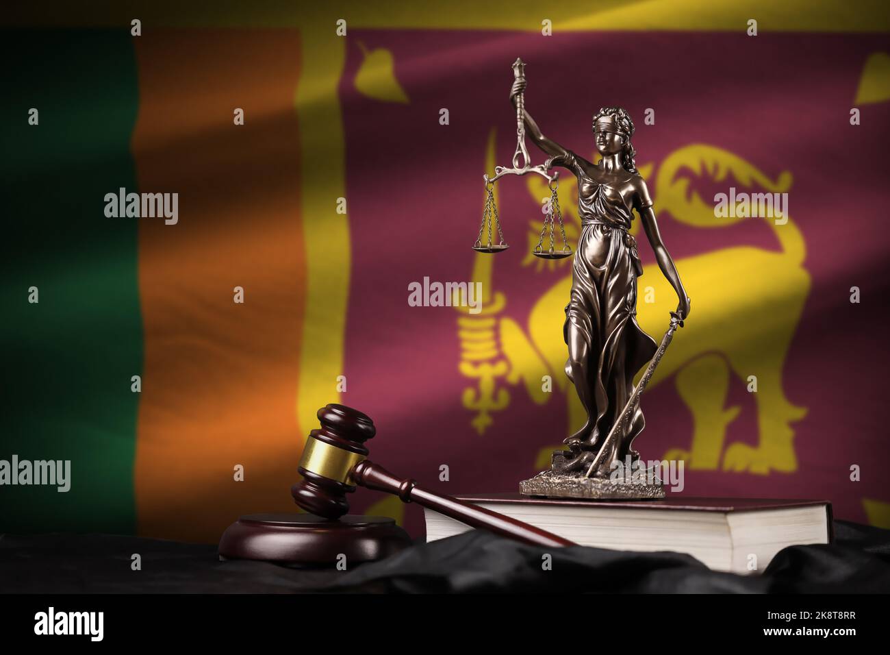 Sri Lanka flag with statue of lady justice, constitution and judge ...