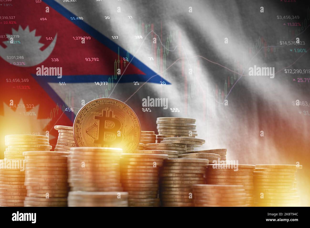 Nepal flag and big amount of golden bitcoin coins and trading platform ...