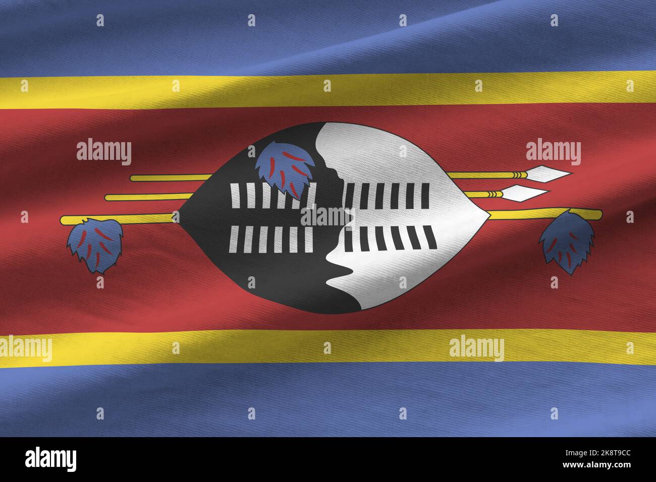 Swaziland flag with big folds waving close up under the studio light ...