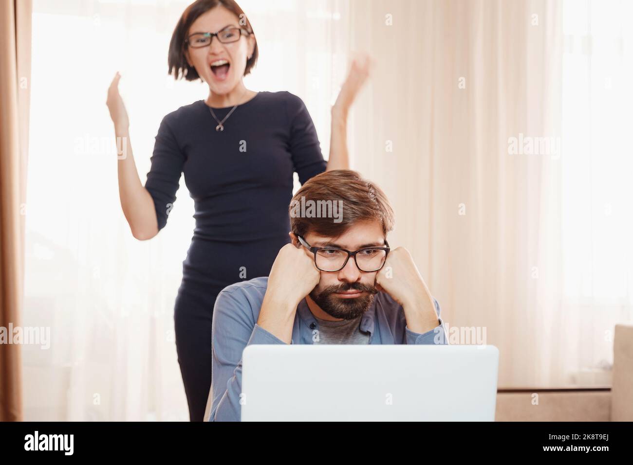 Portrait of attractive mad furious coworkers having fight crisis ...
