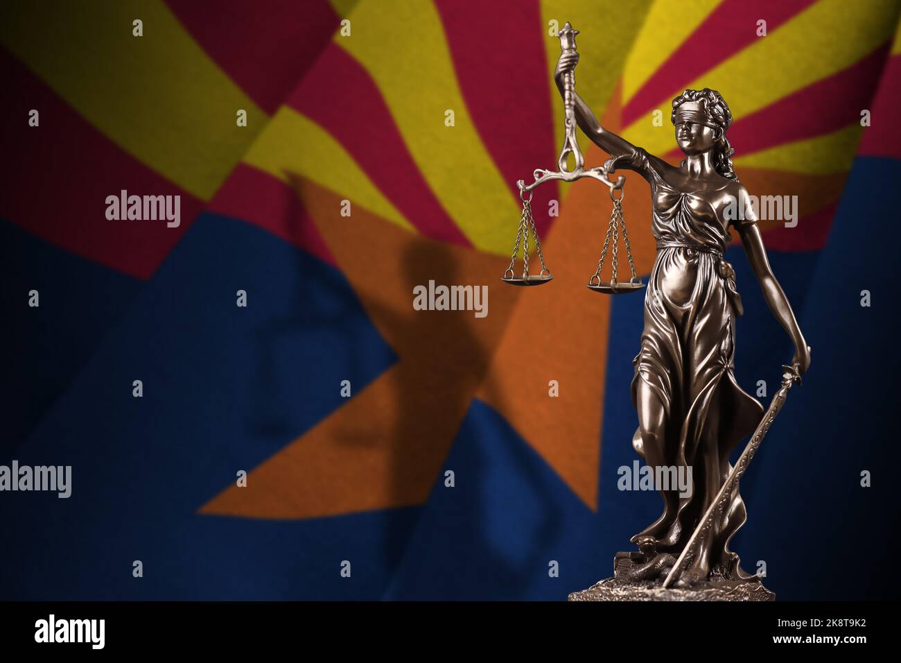 Arizaona US state flag with statue of lady justice and judicial scales ...