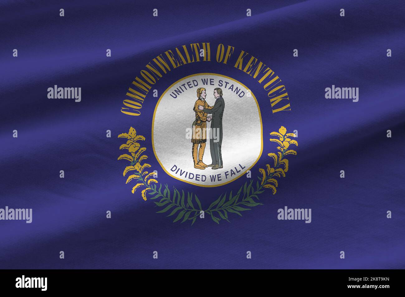 Kentucky US state flag with big folds waving close up under the studio ...