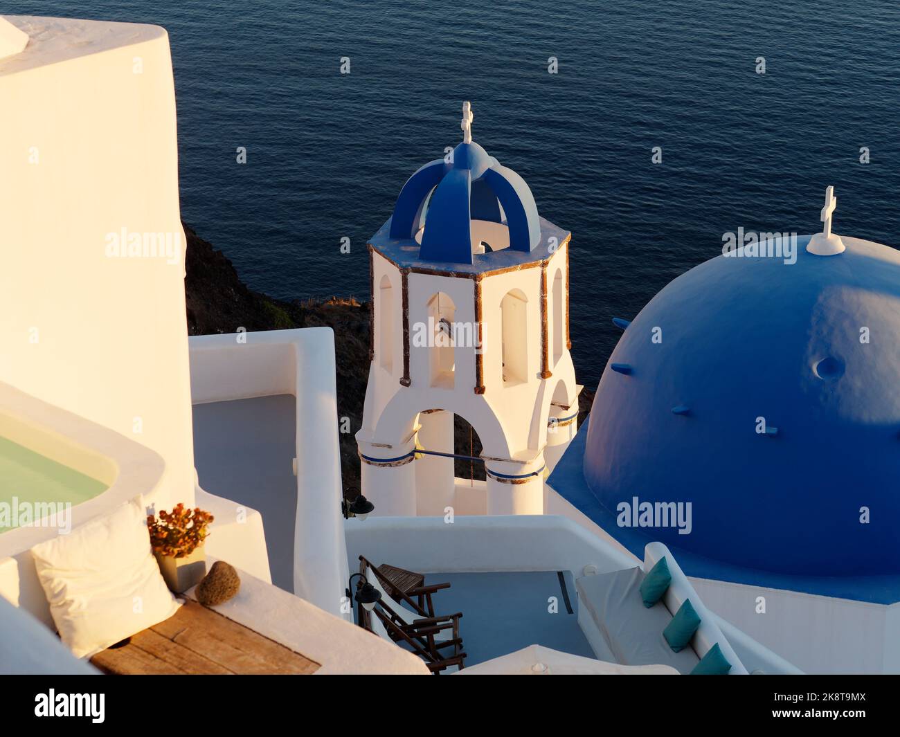 Famous bblue domed buildings in Oia. Greek Cyclades island of Santorini ...