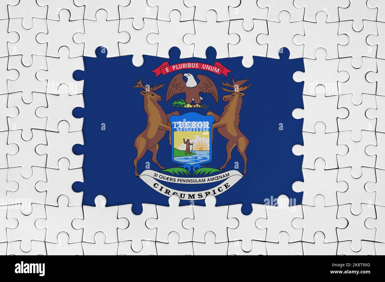 Michigan US state flag in frame of white puzzle pieces with missing ...
