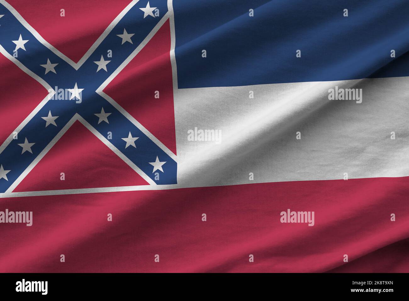 Mississippi new US state flag with big folds waving close up under the ...