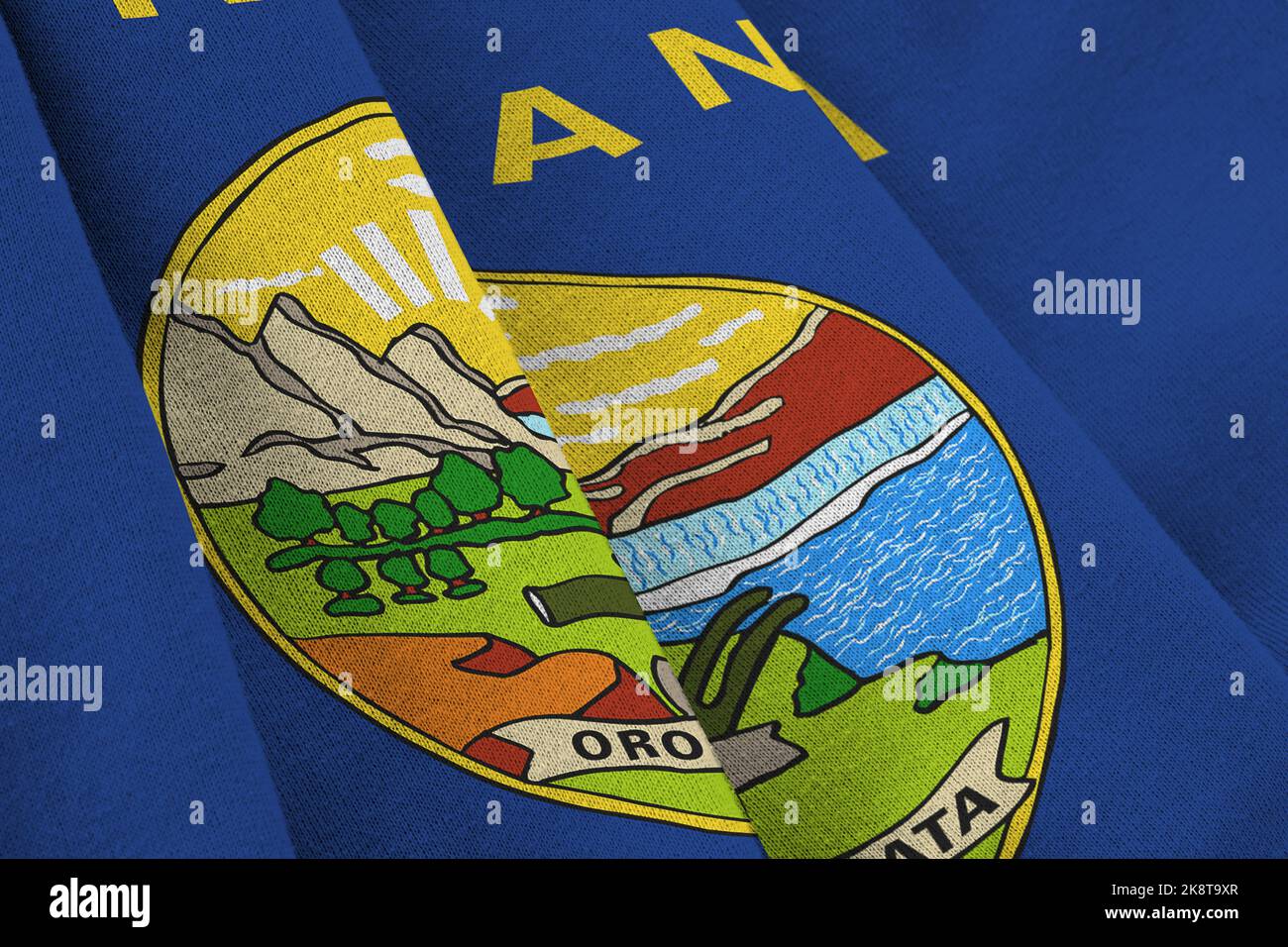 Montana US state flag with big folds waving close up under the studio ...