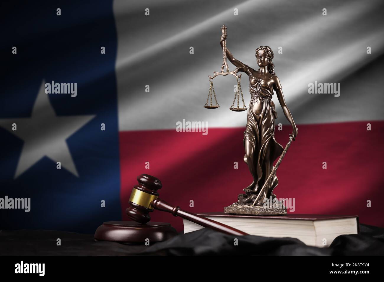 Texas US state flag with statue of lady justice, constitution and judge ...