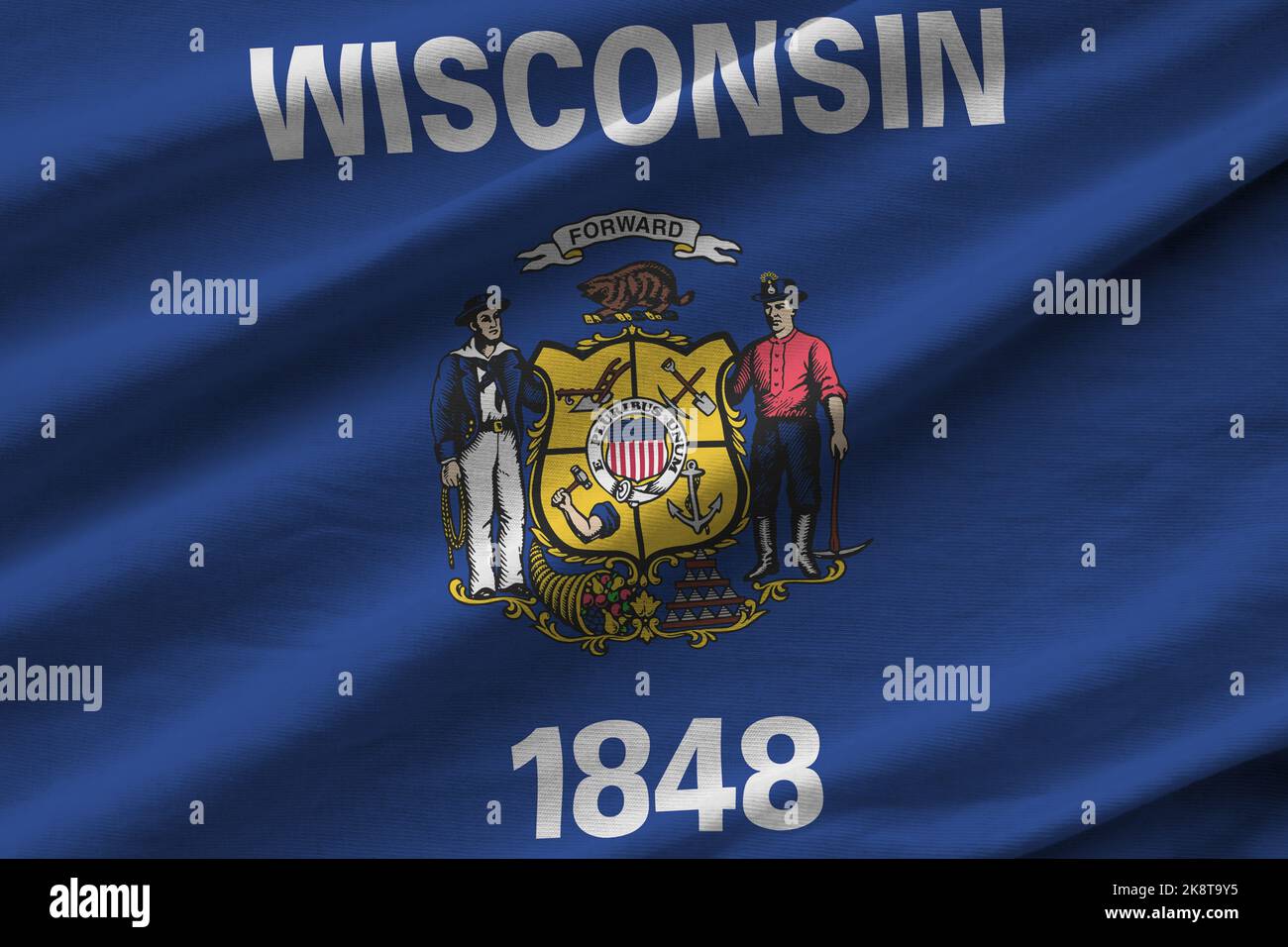Wisconsin US state flag with big folds waving close up under the studio ...