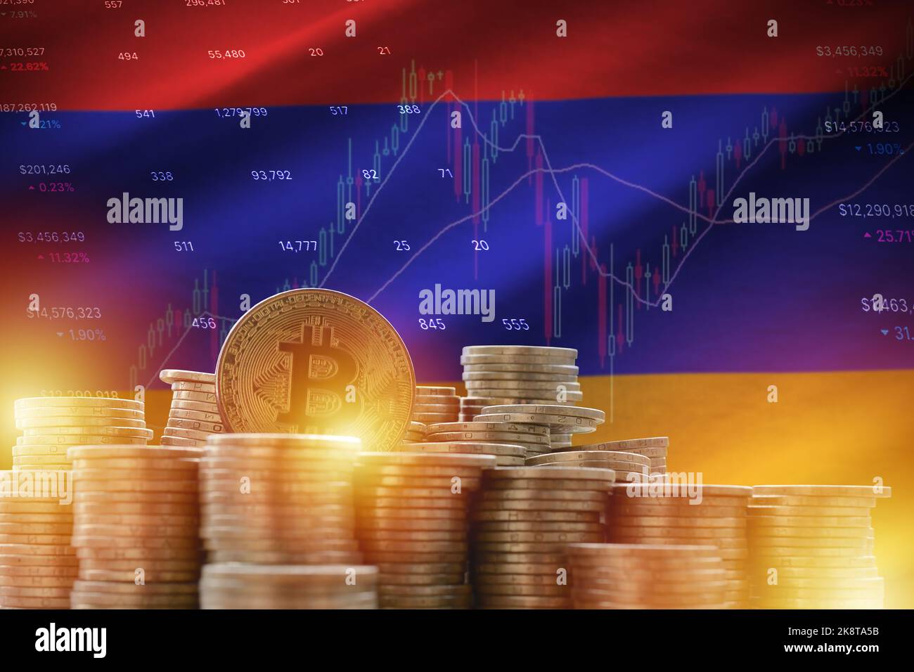 Armenia flag and big amount of golden bitcoin coins and trading ...