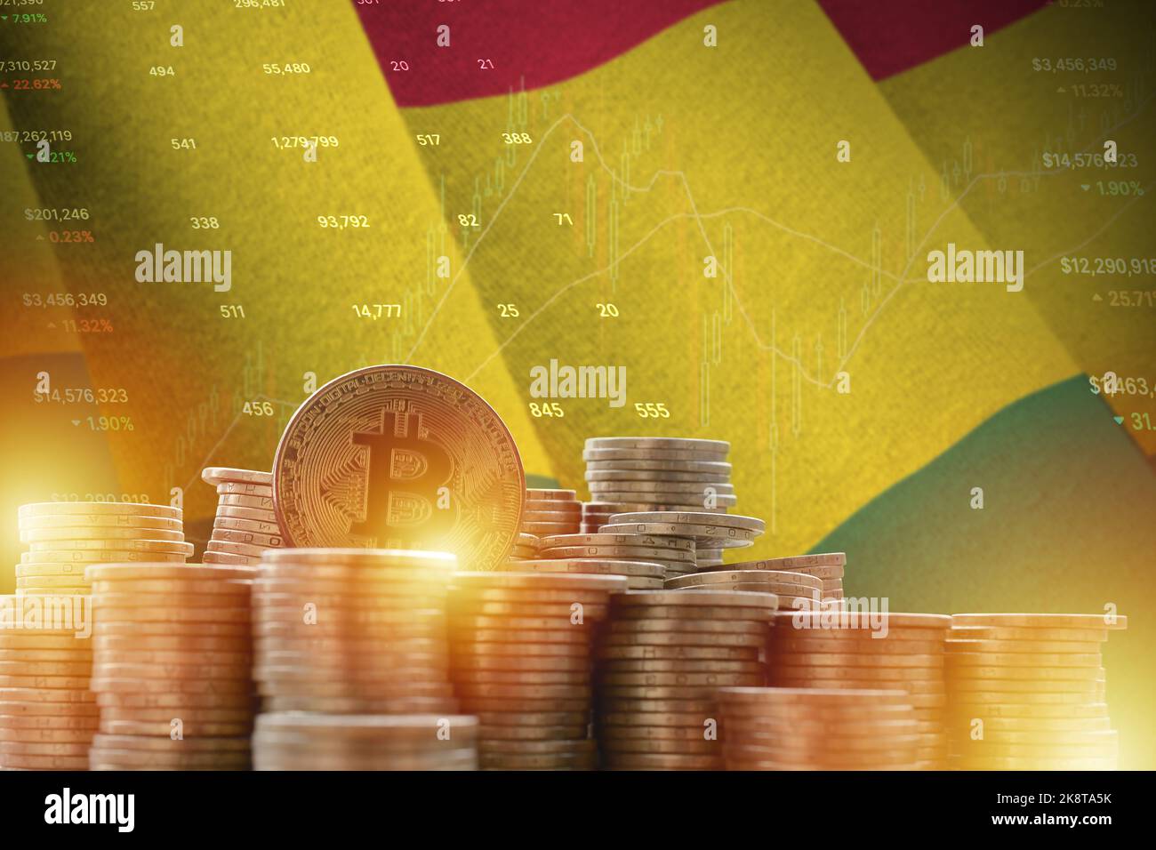 Bolivia flag and big amount of golden bitcoin coins and trading ...