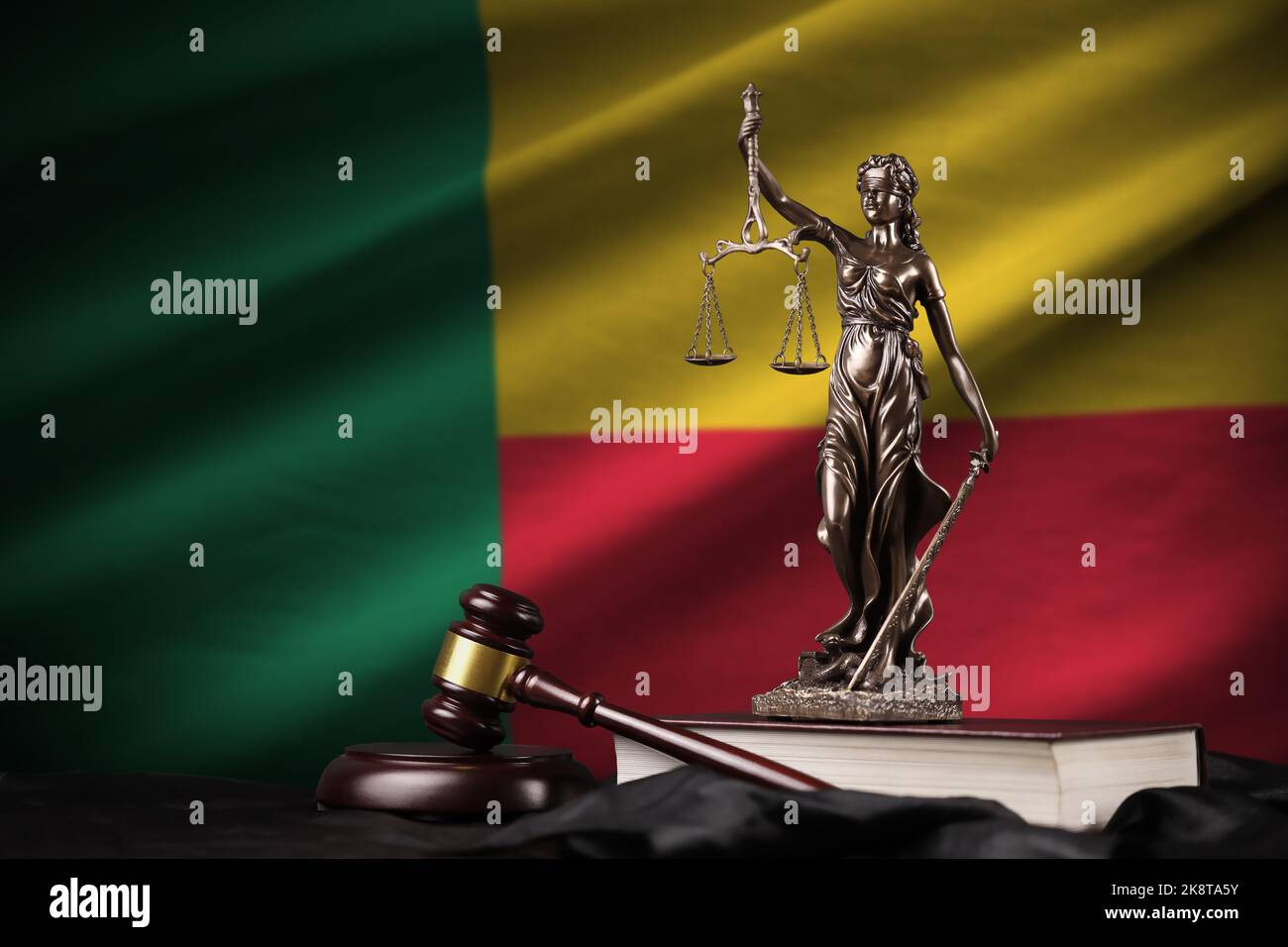 Benin flag with statue of lady justice, constitution and judge hammer ...