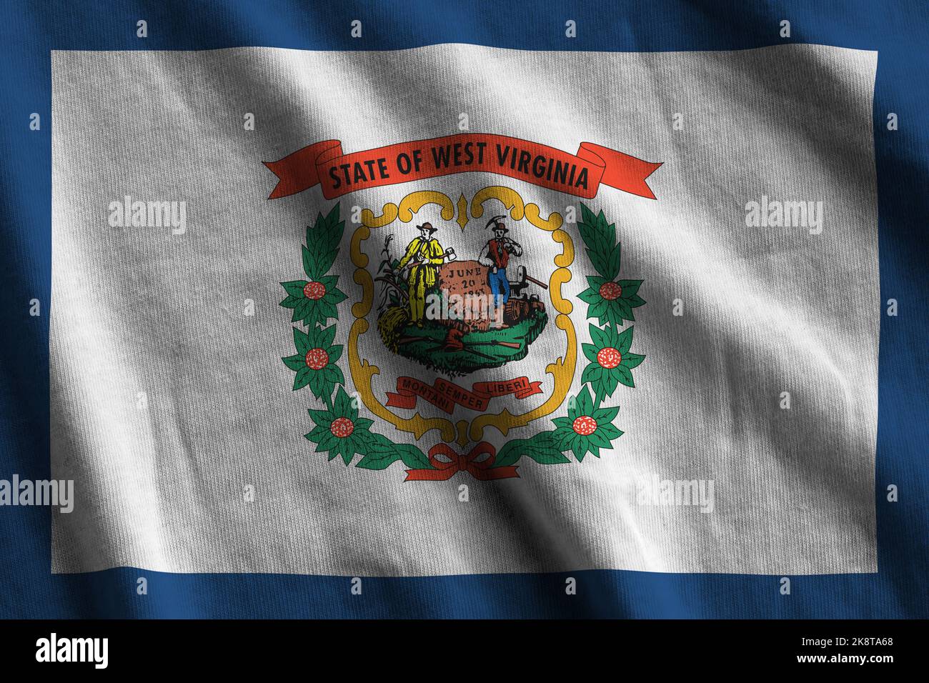 West Virginia US state flag with big folds waving close up under the ...