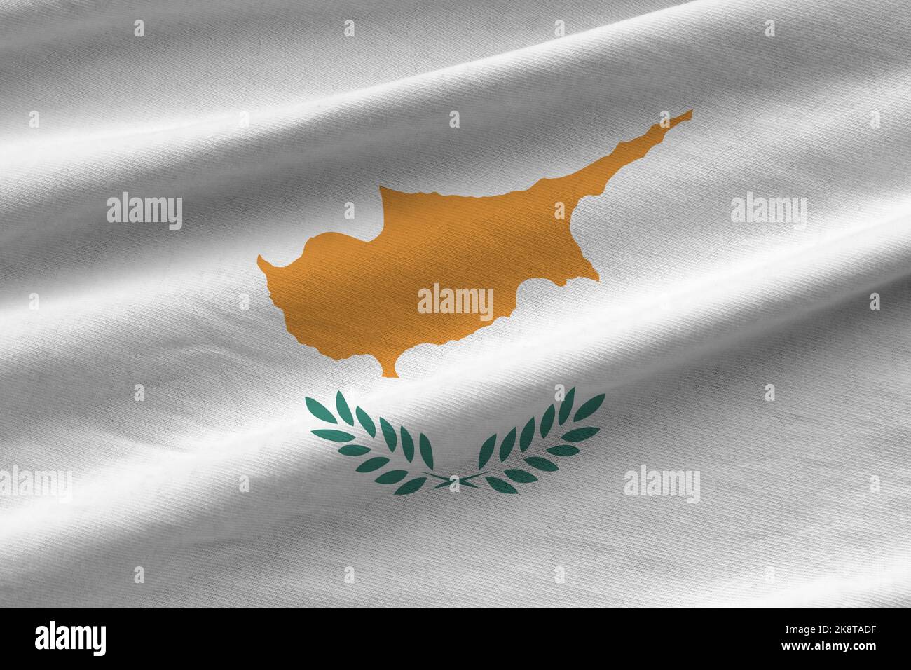 Cyprus flag with big folds waving close up under the studio light ...