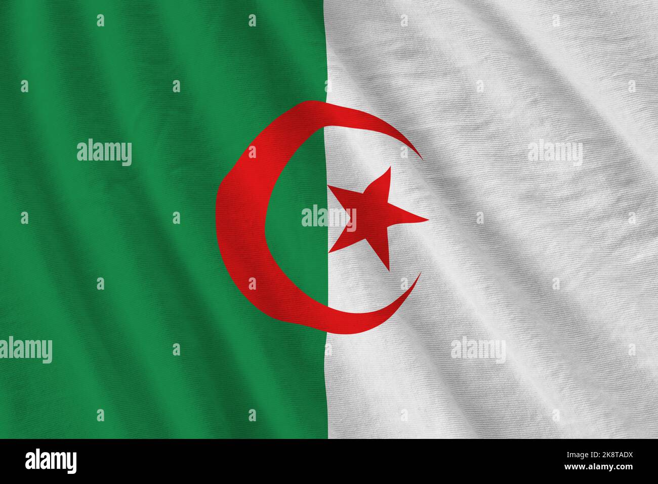Algeria flag with big folds waving close up under the studio light ...