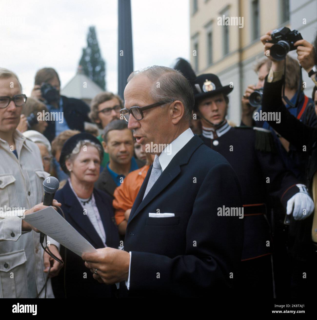 Oslo 19730723. Prime Minister Lars Korvald at Slottsplassen following ...