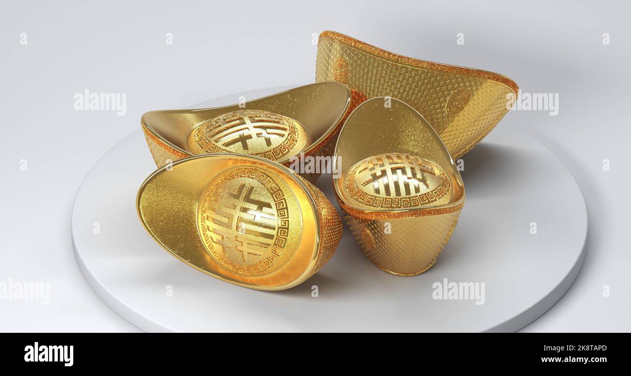 Chinese golden ingots are spinning on a stand, on a white background ...