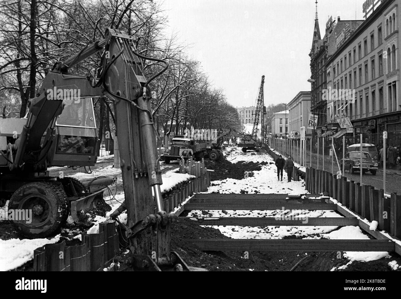 Oslo October 1970 Digging to the subway in Oslo. Karl Johans gate with ...