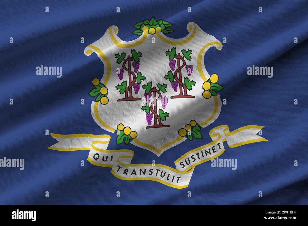 Connecticut US state flag with big folds waving close up under the ...