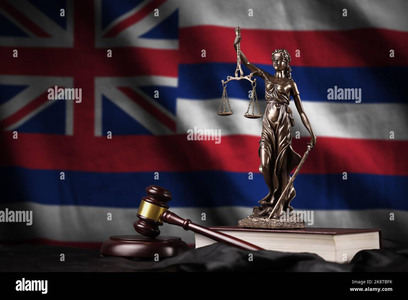 Hawaii US state flag with statue of lady justice, constitution and ...