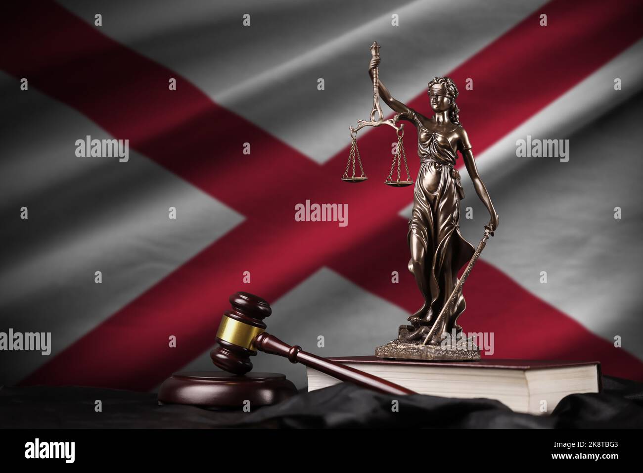 Alabama US state flag with statue of lady justice, constitution and ...