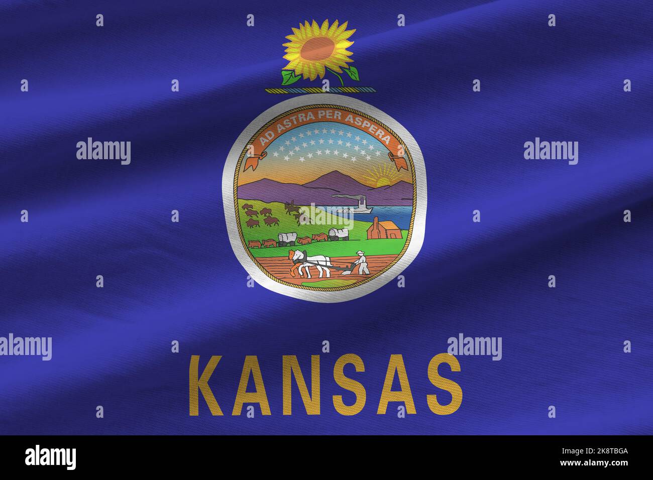 Kansas US state flag with big folds waving close up under the studio ...