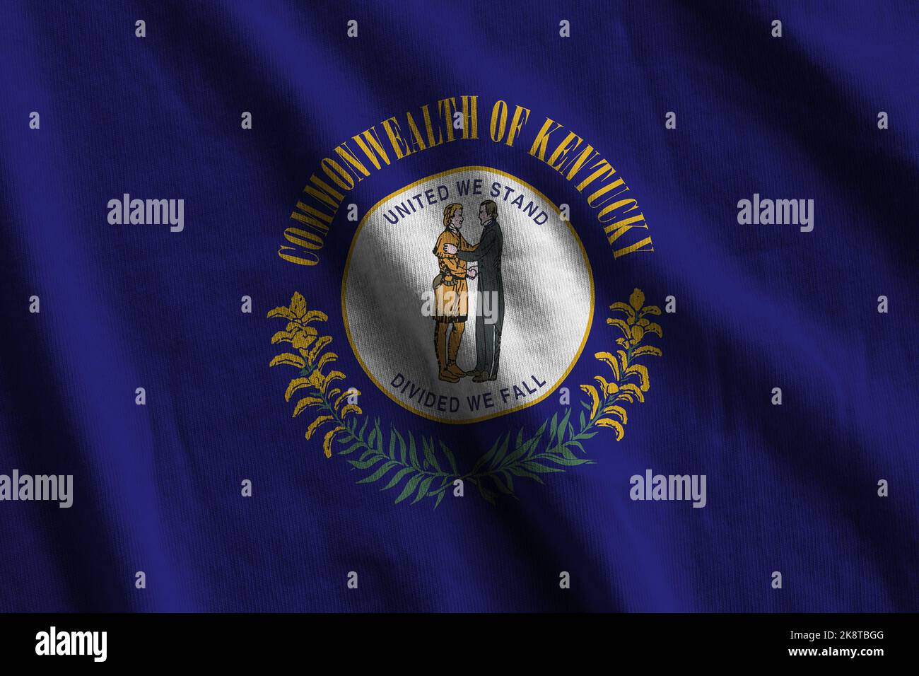 Kentucky US state flag with big folds waving close up under the studio ...