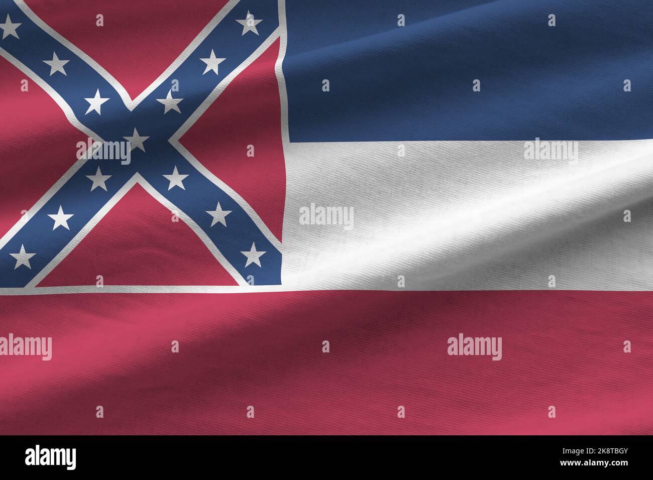 Mississippi new US state flag with big folds waving close up under the ...