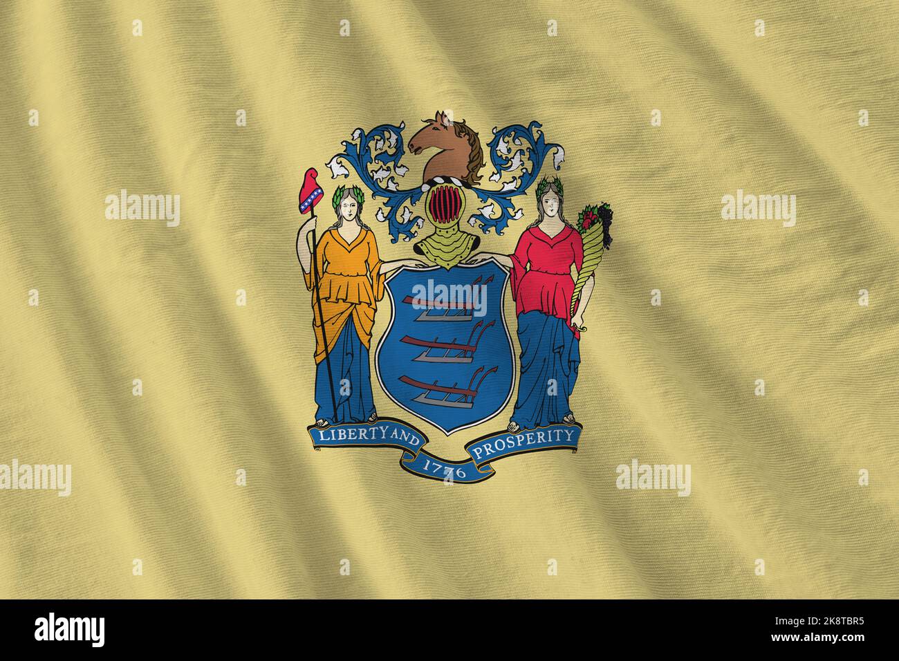 New Jersey US state flag with big folds waving close up under the ...