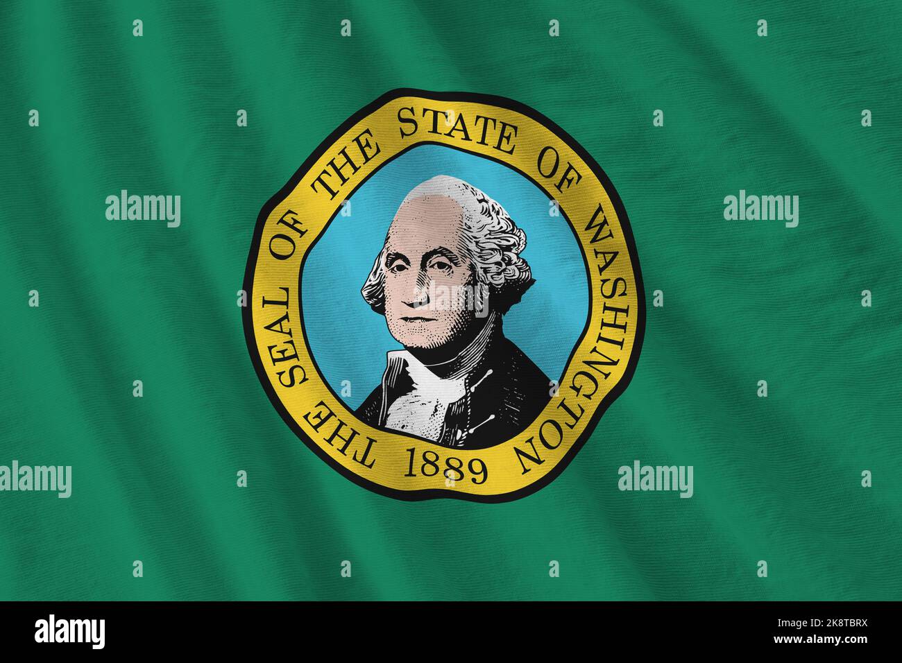 Washington US state flag with big folds waving close up under the ...
