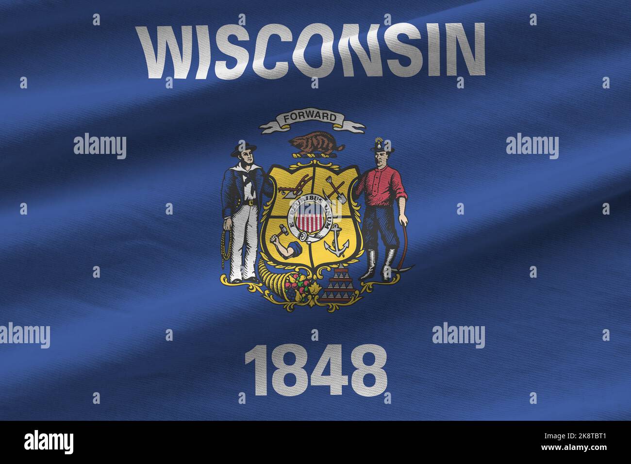 Wisconsin US state flag with big folds waving close up under the studio ...