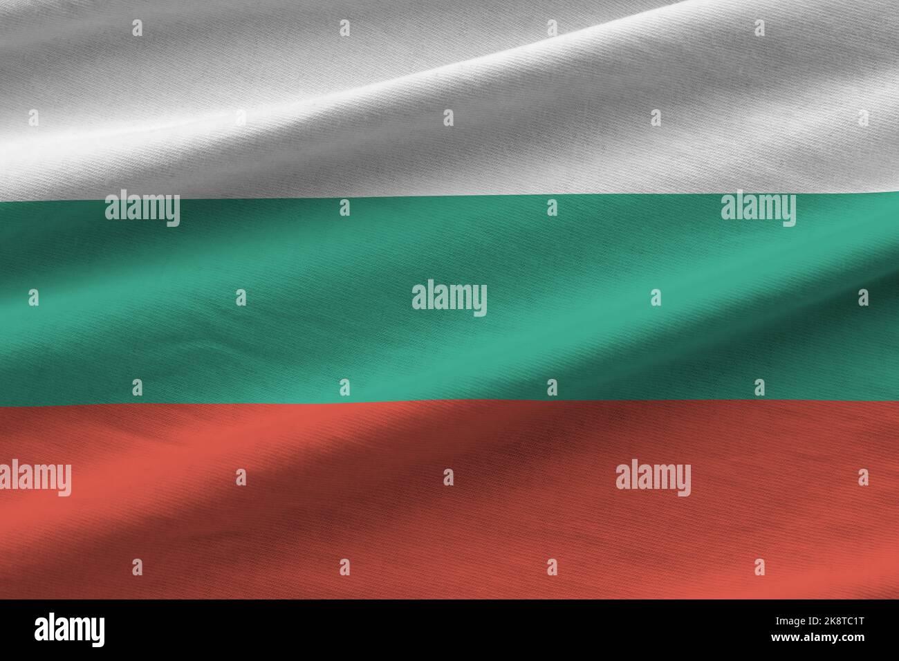 Bulgaria flag with big folds waving close up under the studio light ...