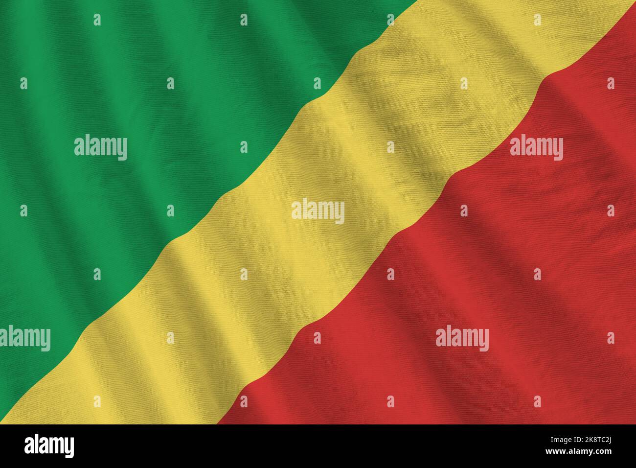 Congo flag with big folds waving close up under the studio light ...