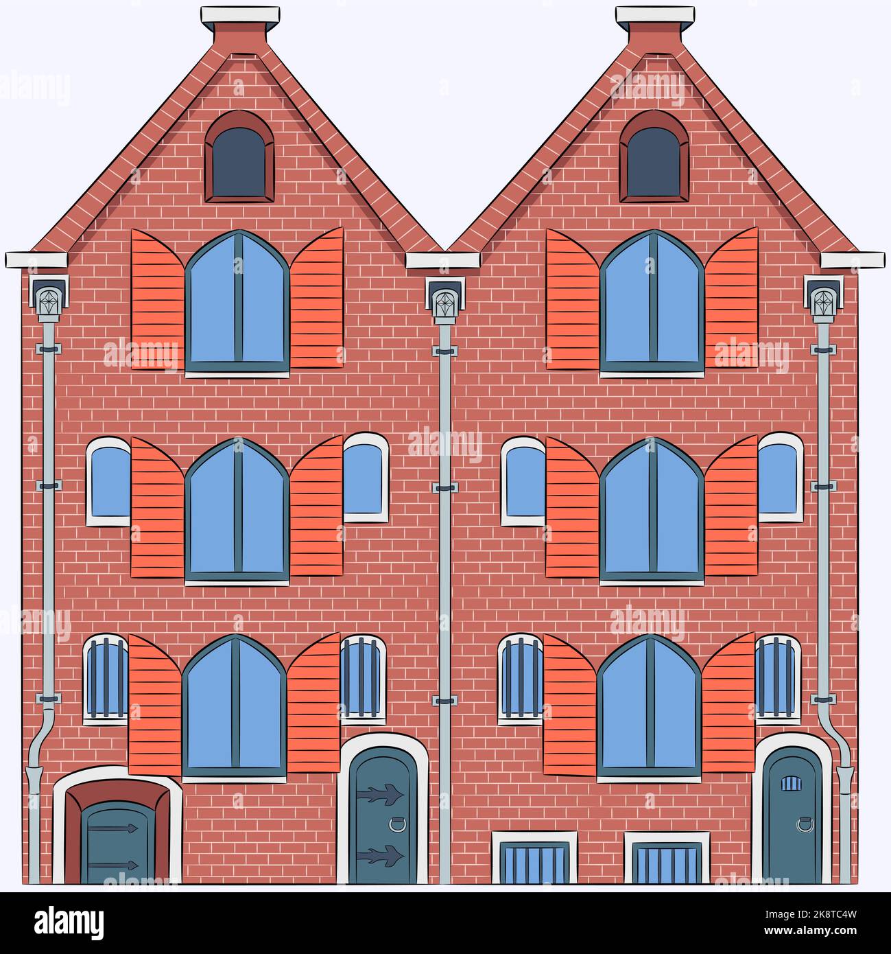 Facades of old traditional red brick houses with shutters on the ...