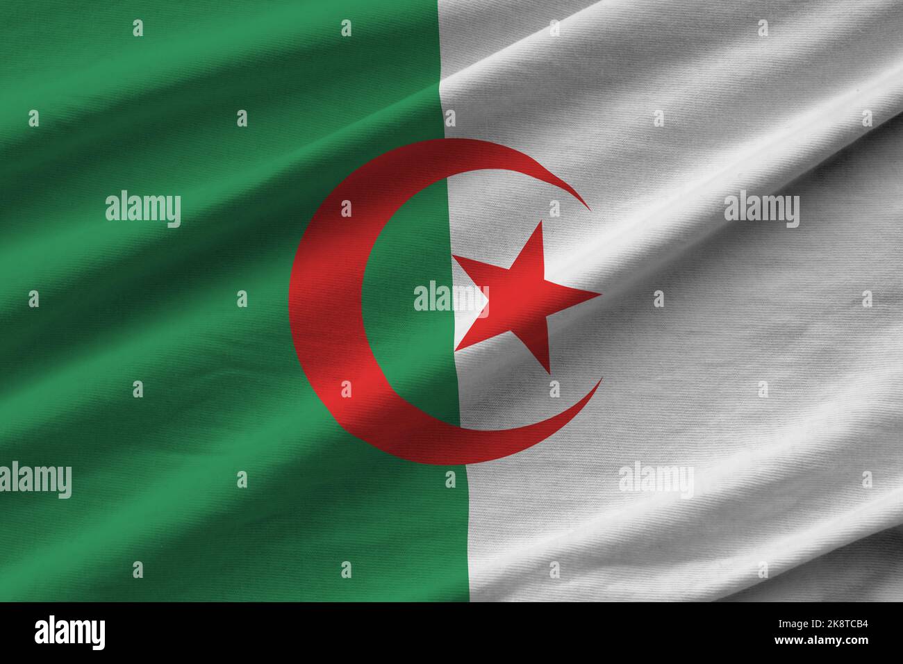 Algeria flag with big folds waving close up under the studio light ...