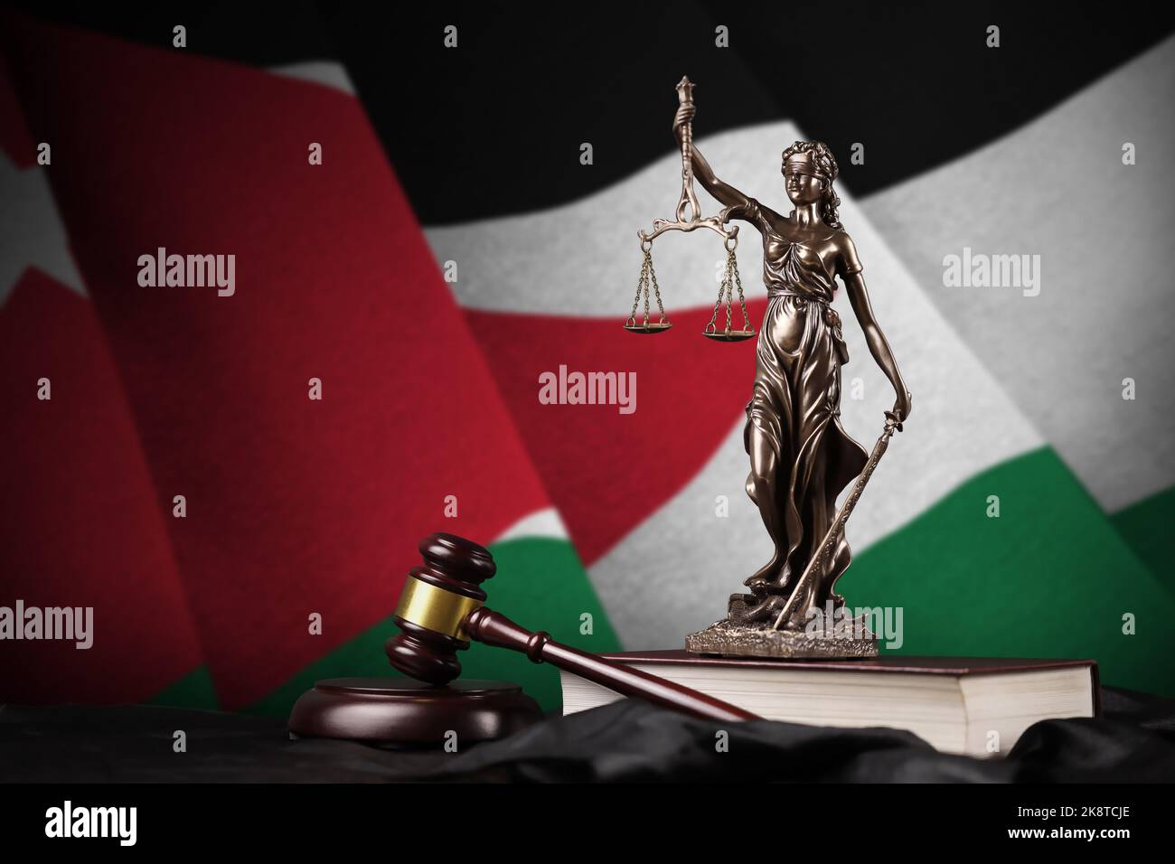Jordan flag with statue of lady justice, constitution and judge hammer ...