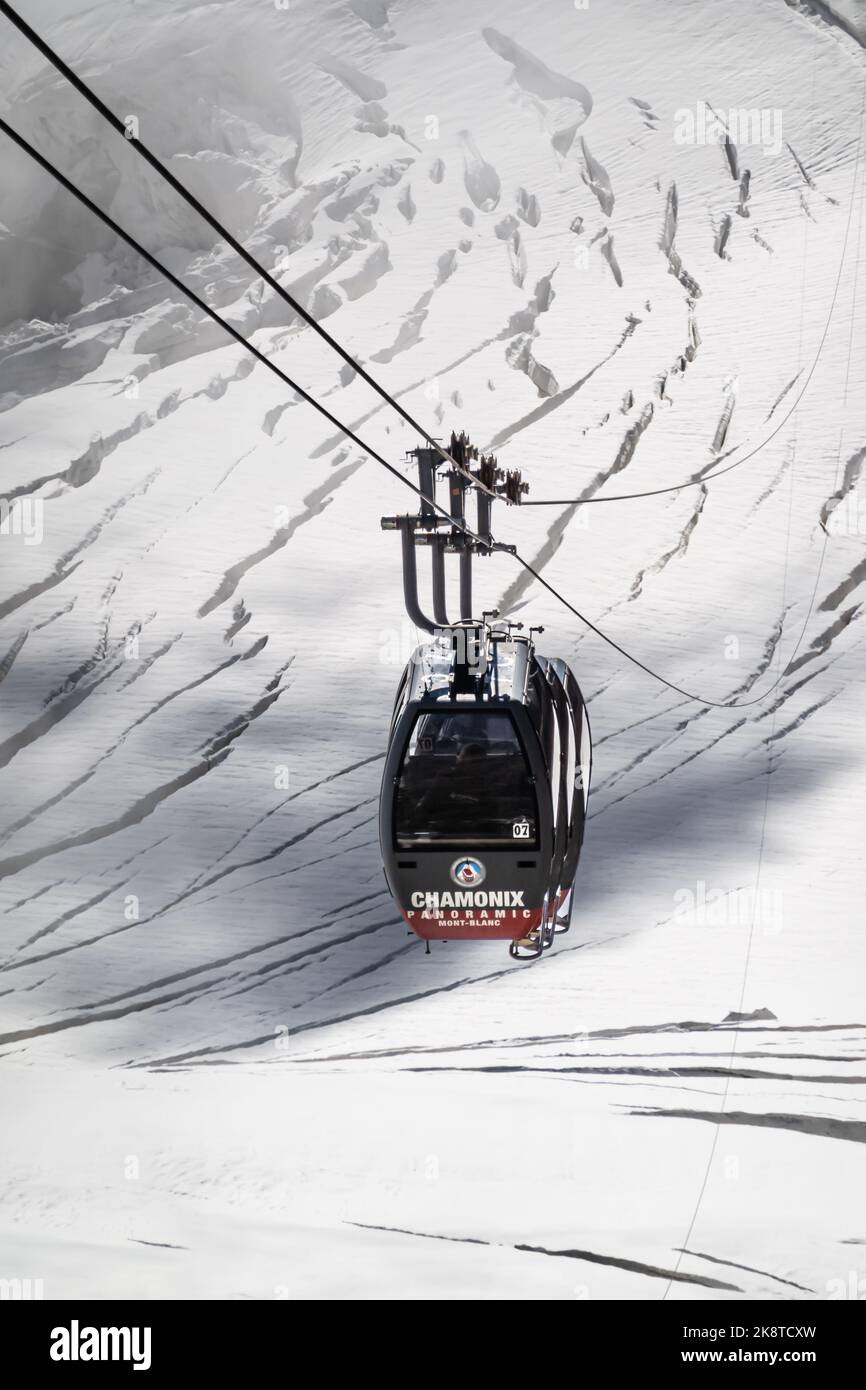 Chamonix, France - 31 August, 2022: A set of cable cars on Aiguille du Midi to Punta Hellbronner ...