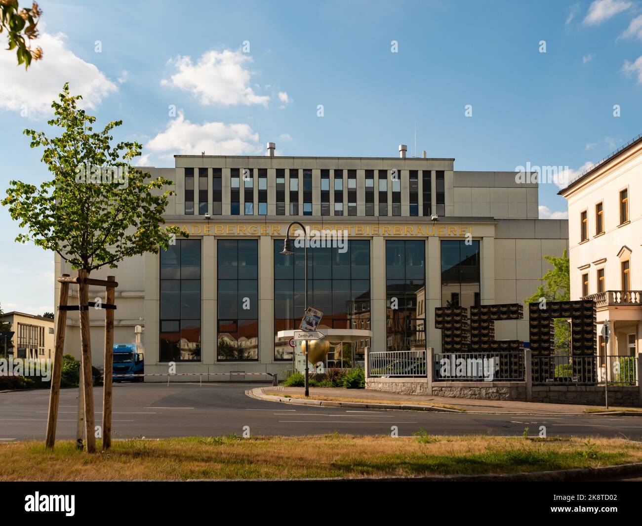 Front view of the Radeberger brewery building. Entrance of the company ...