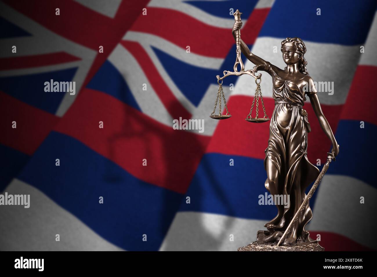 Hawaii US state flag with statue of lady justice and judicial scales in ...