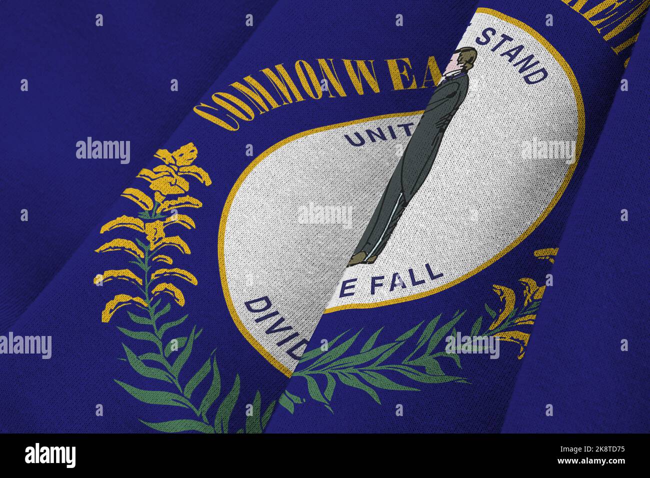 Kentucky US state flag with big folds waving close up under the studio ...