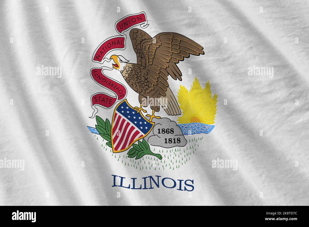 Illinois US state flag with big folds waving close up under the studio ...