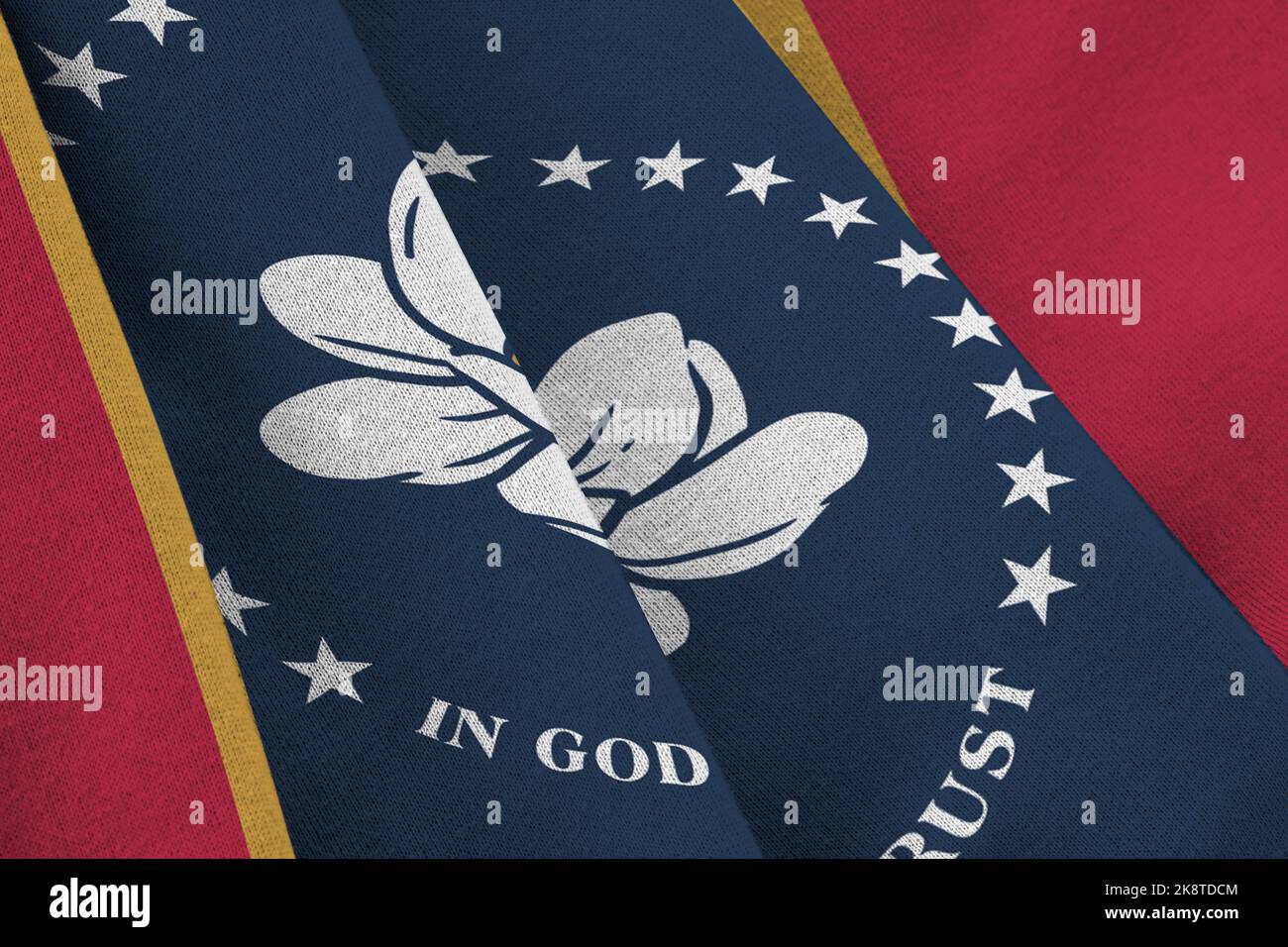 Mississippi new US state flag with big folds waving close up under the ...
