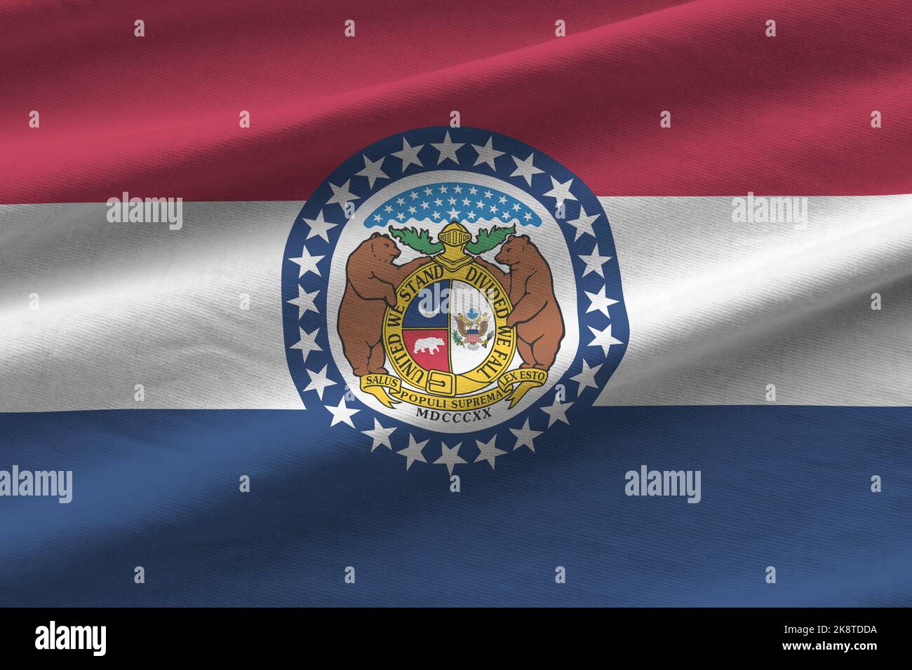 Missouri US state flag with big folds waving close up under the studio ...