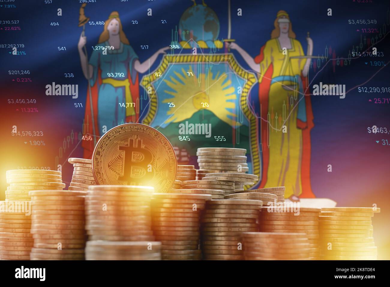 New York US state flag and big amount of golden bitcoin coins and ...