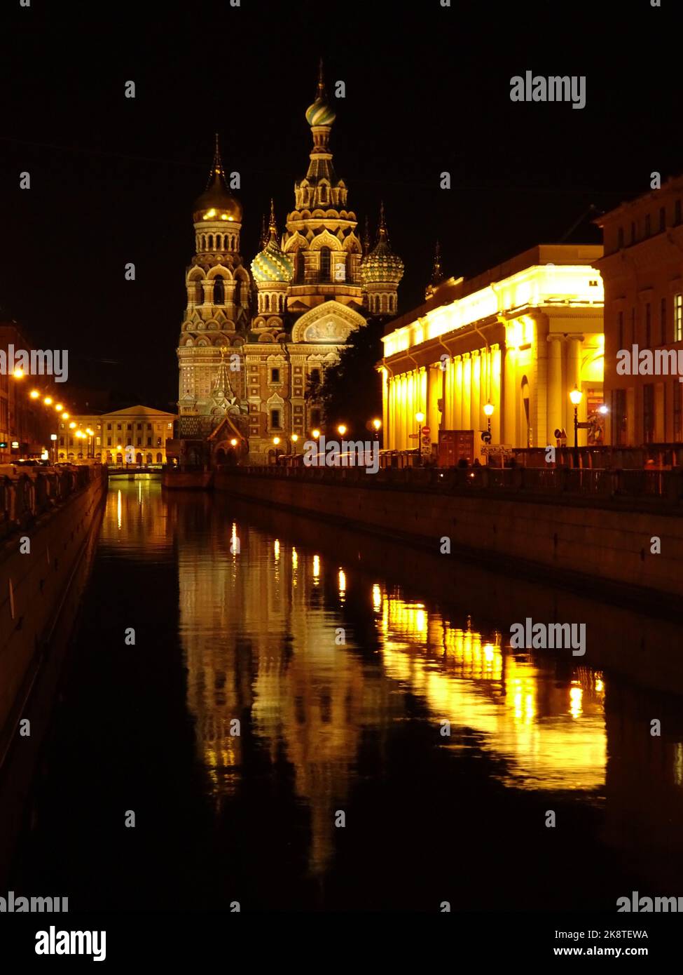 A vertical shot of the Griboyedov Canal at night with the illuminated ...