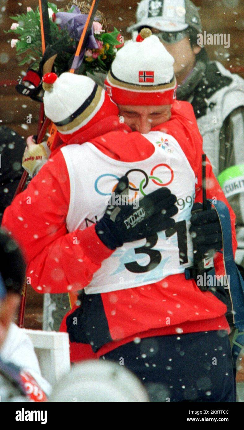 Nagano, Japan 19980208: Anita Moen Guidon gives Terje Langli a huge hug ...