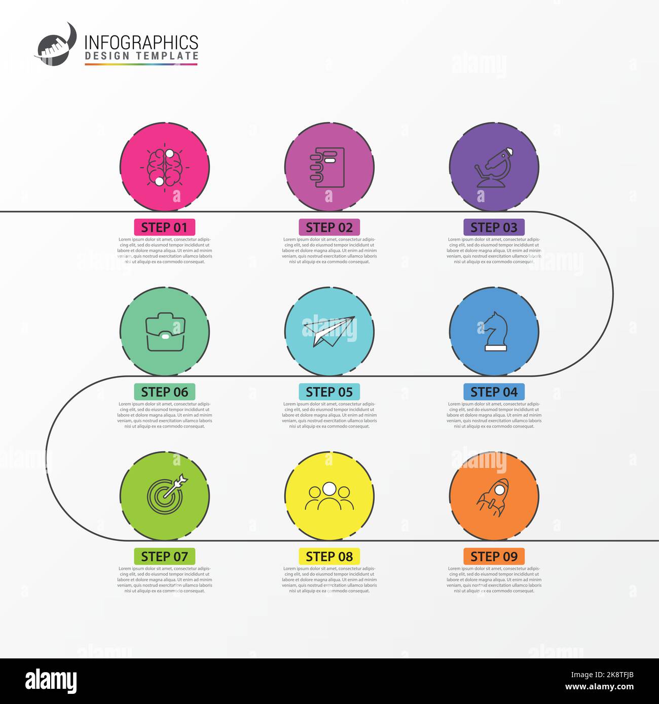 Infographic design template. Timeline concept with 9 steps. Can be used ...